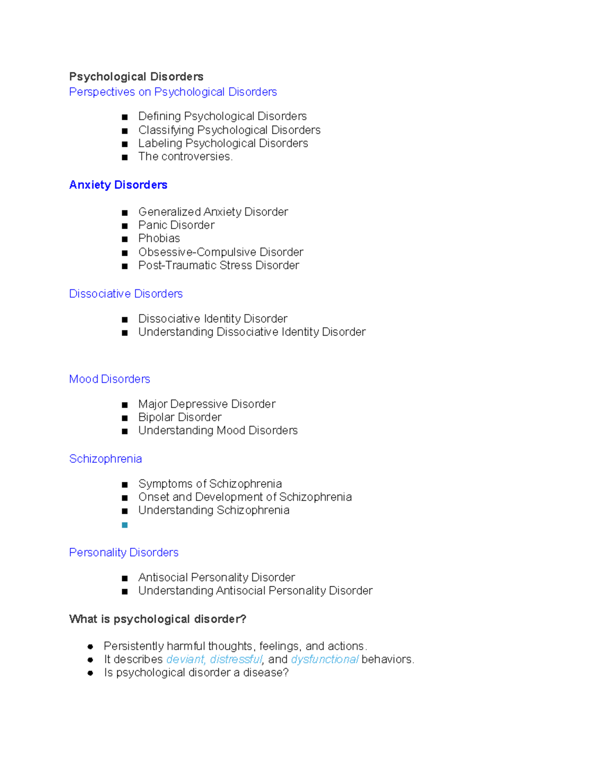 Psychology 100 – Lecture 5 - Psychological Disorders Perspectives on ...