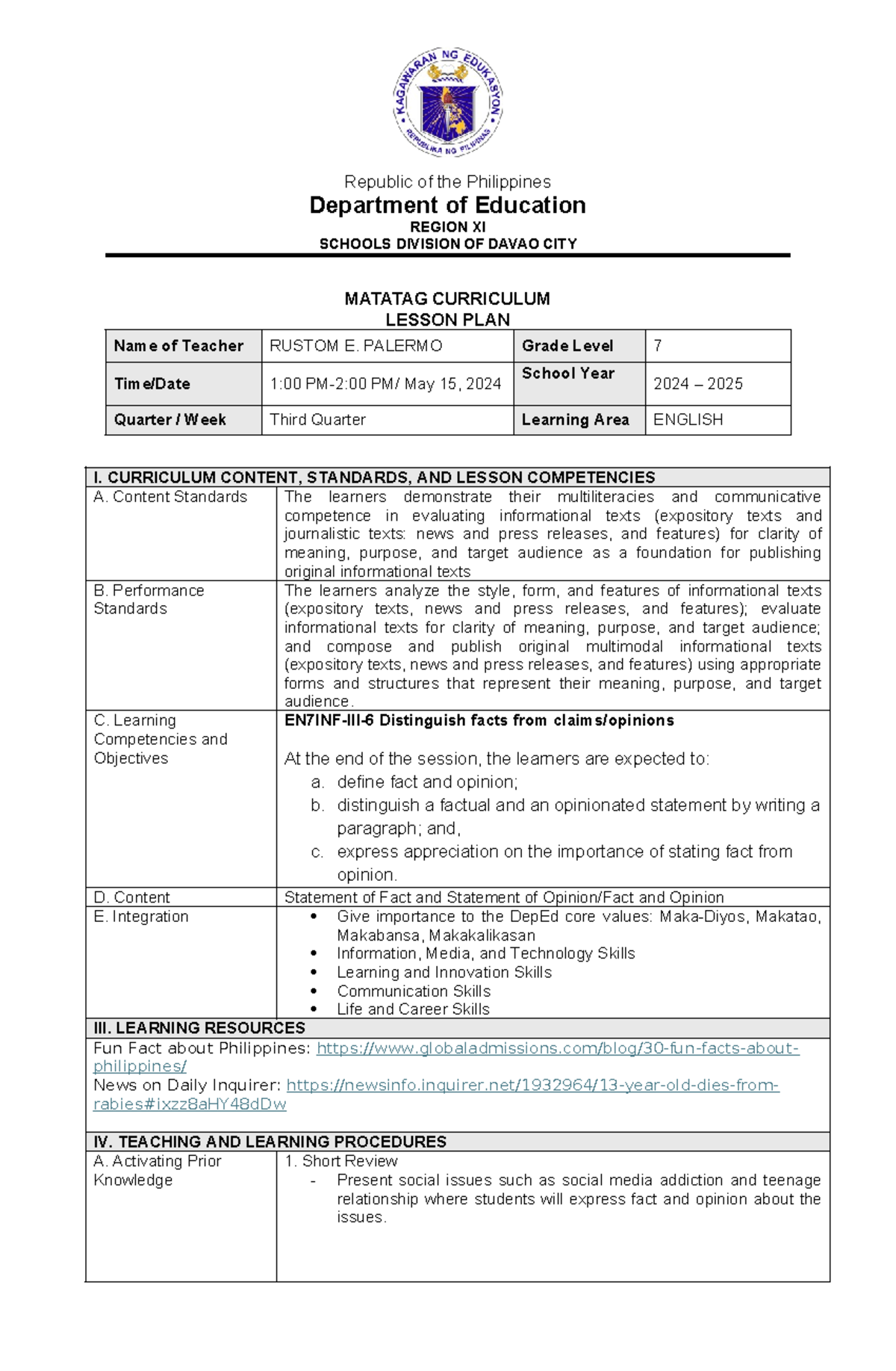 7B Final Matatag- Curriculum- Lesson-PLAN-VER.2 - Republic of the ...