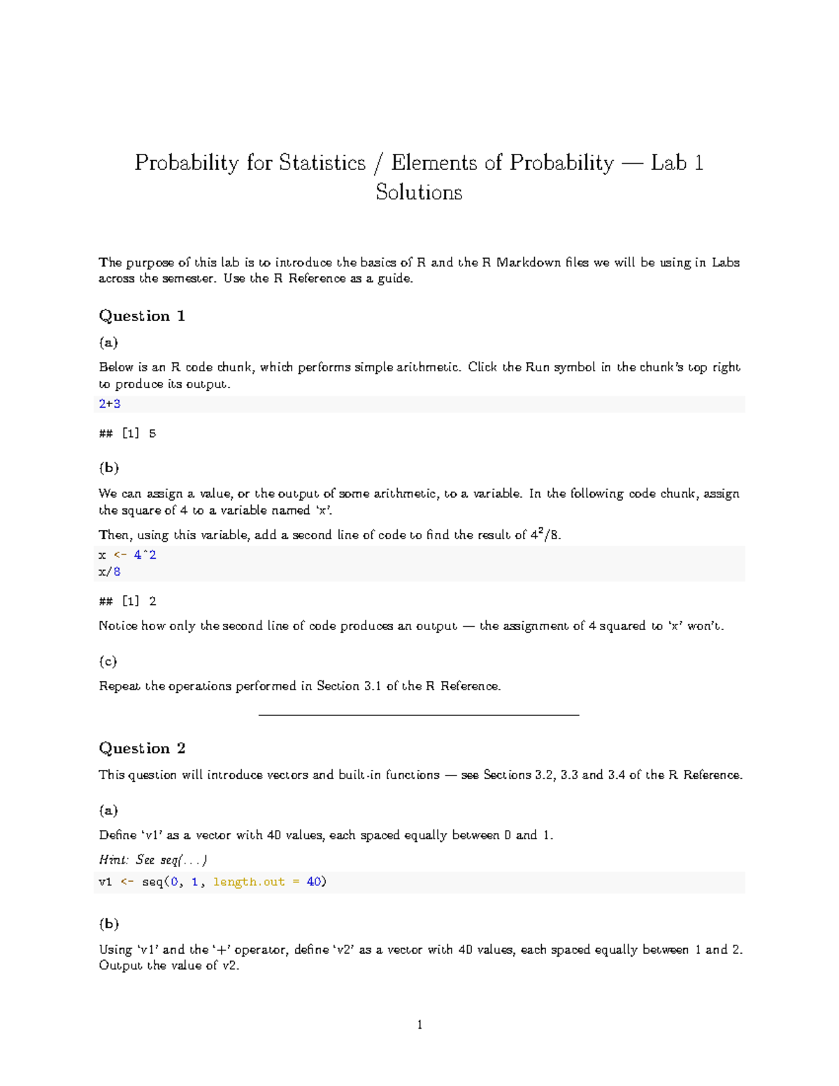 Lab Week 1 Solutions - Probability for Statistics / Elements of ...