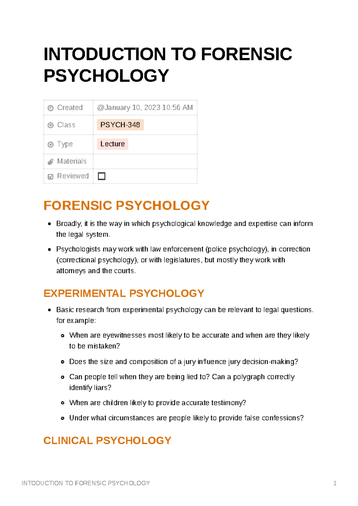 Intoduction TO Forensic Psychology - INTODUCTION TO FORENSIC PSYCHOLOGY ...