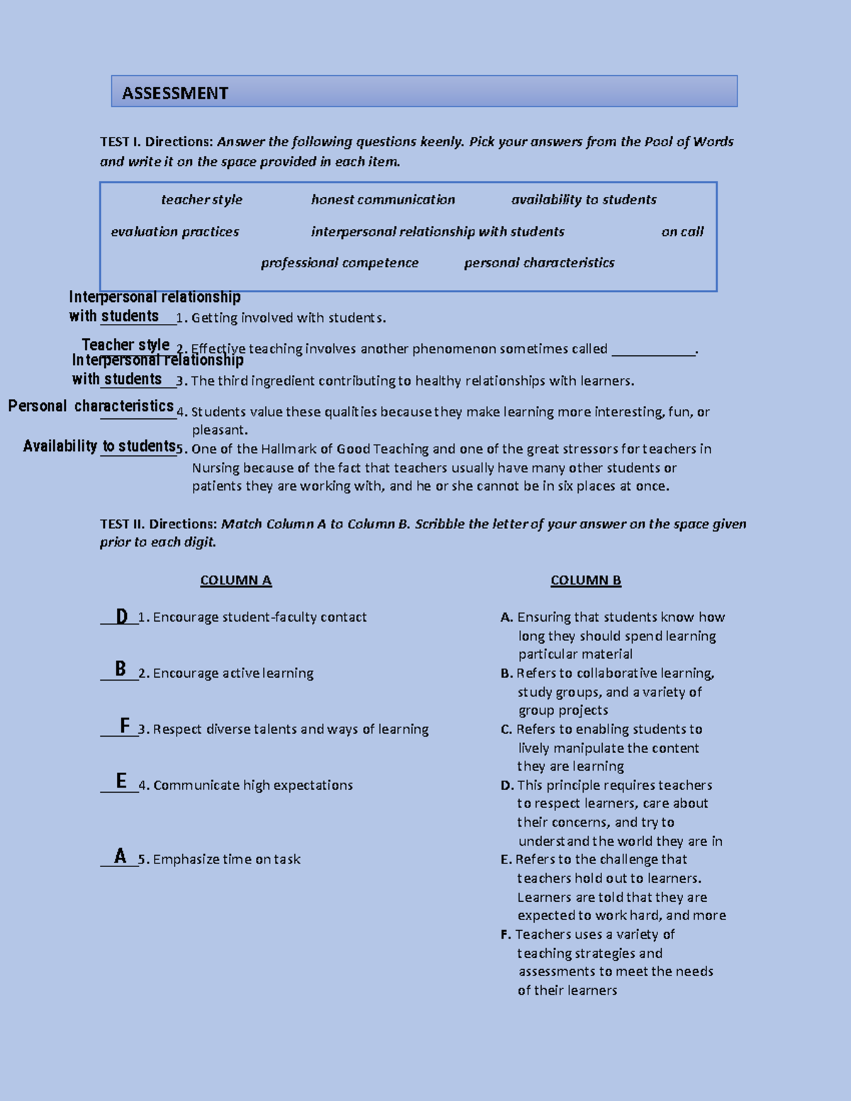 Assessment Unit 1 - Assignments - TEST I. Directions: Answer the ...