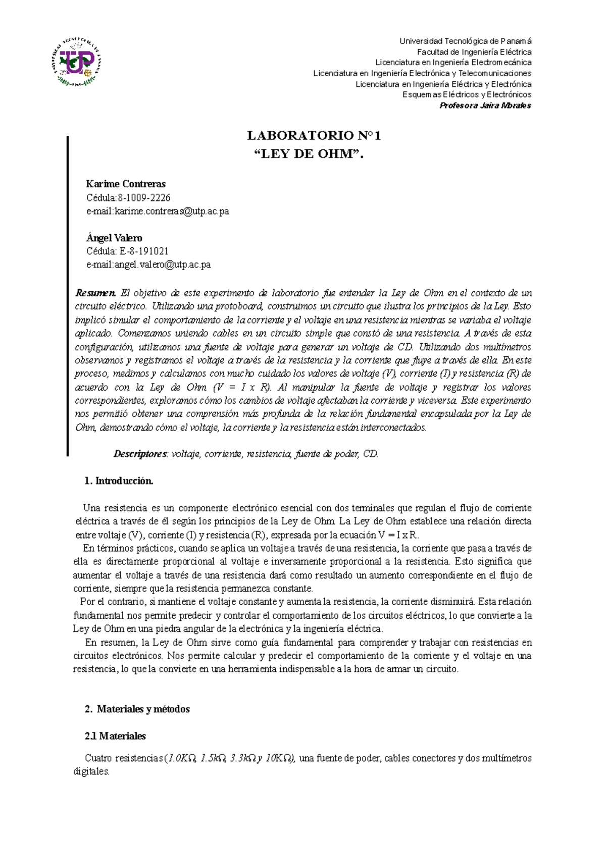 Laboratorio N°1 - Practicasl - Universidad Tecnológica de Panamá Facultad de Ingeniería ...