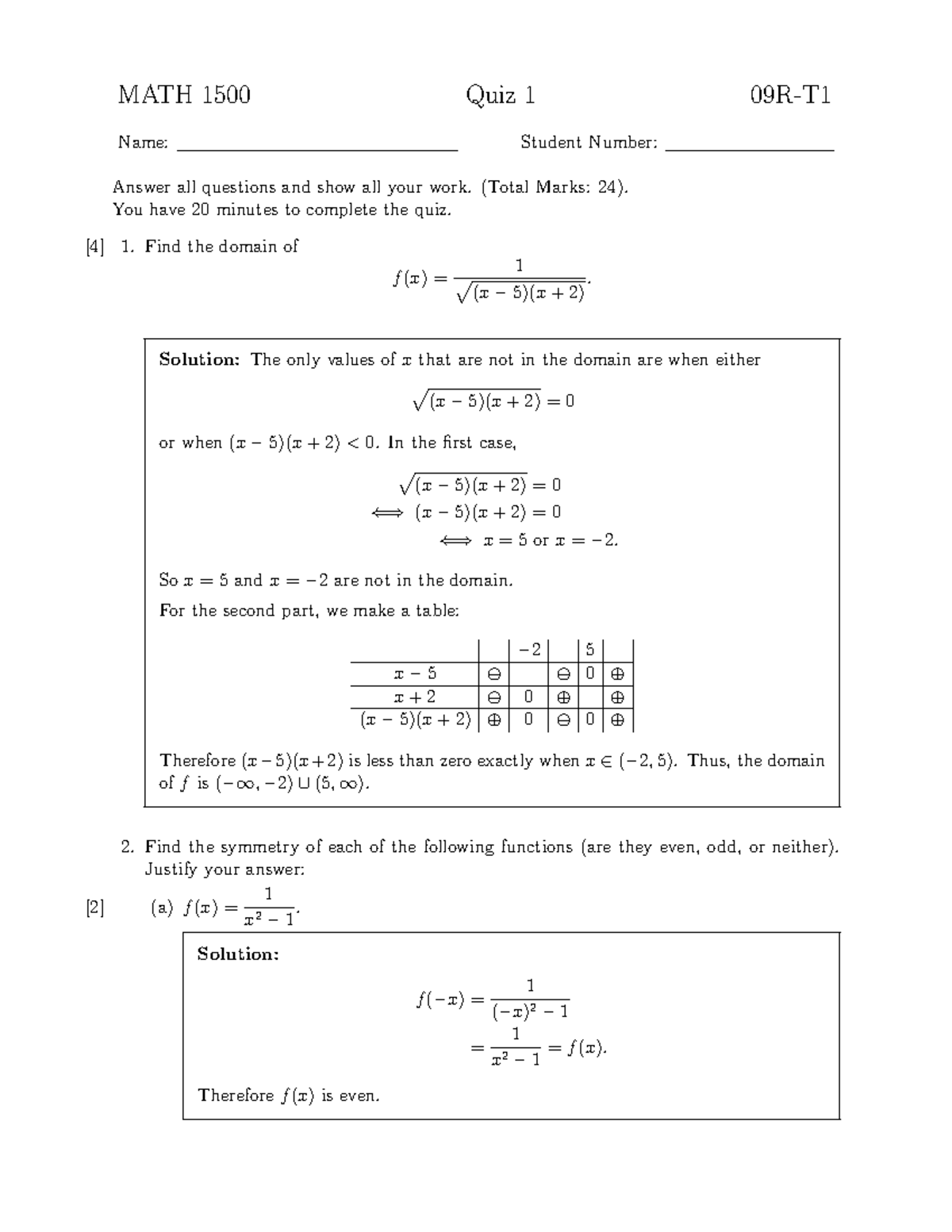 QUIZ 31 May 2017, questions and answers - MATH 1500 Quiz 1 09R-T Name ...