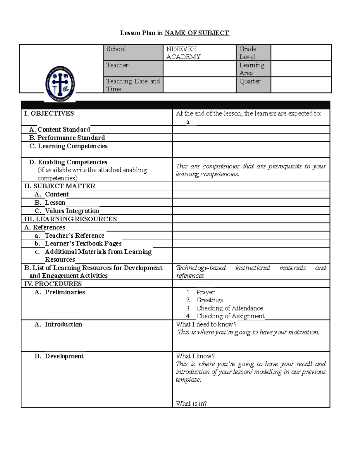 Lesson Plan Template - Lesson Plan in NAME OF SUBJECT School NINEVEH ...
