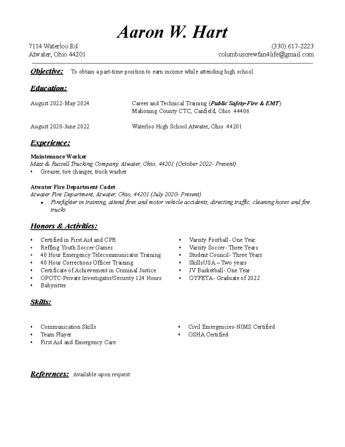 Copy+of+Hart Aaron Resume - Aaron W. Hart 7114 Waterloo Rd Atwater, Ohio 44201 (330) 617- - Studocu