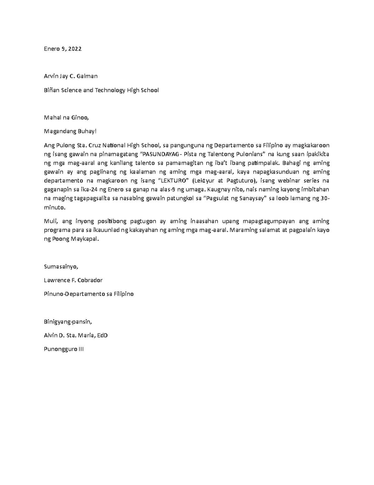 Liham sa Tagapagsalita - Enero 9, 2022 Arvin Jay C. Galman Biñan ...