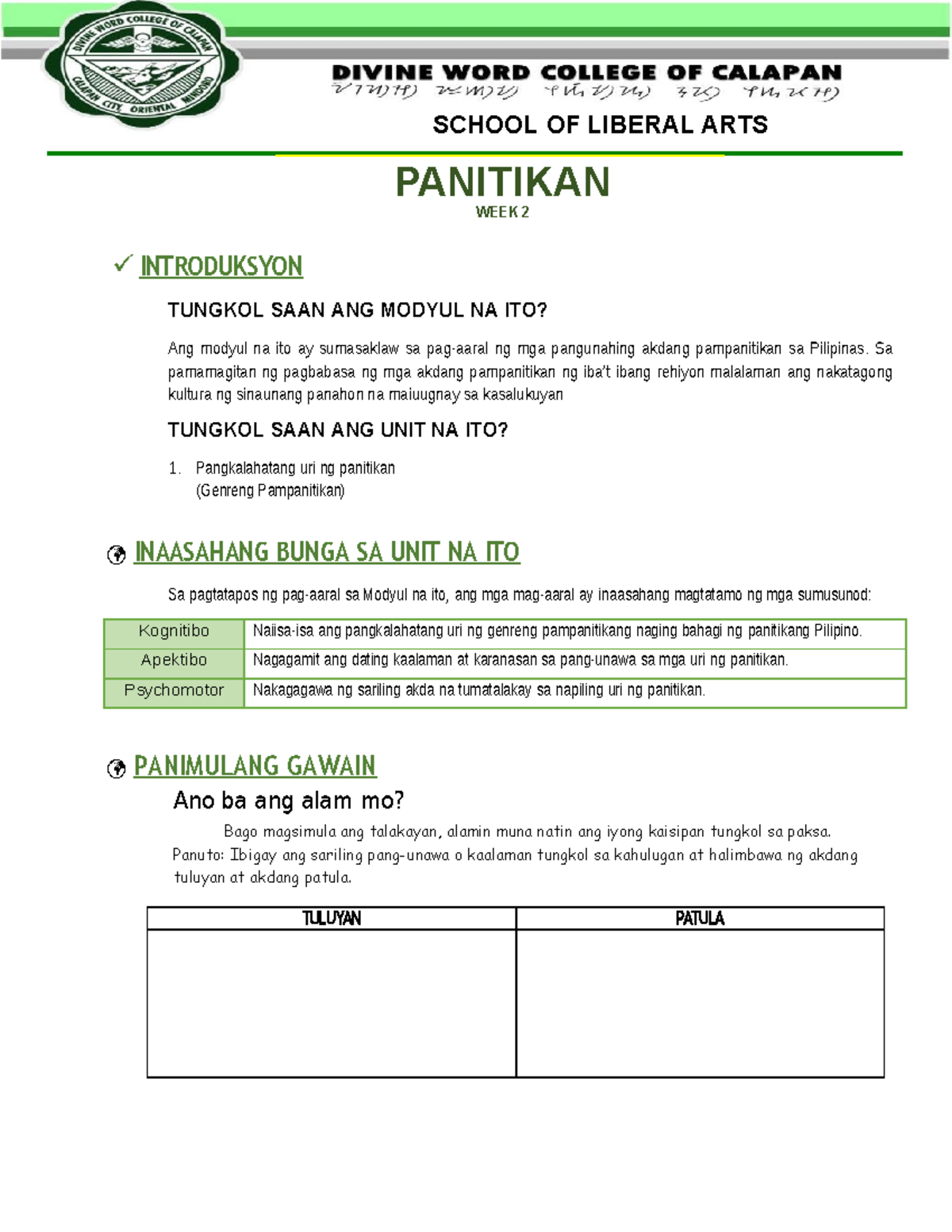 Panitikan Module (WEEK 2) - INTRODUKSYON SCHOOL OF LIBERAL ARTS ...