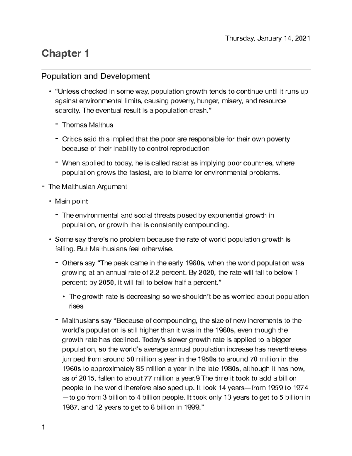 Chapter 1 Notes - Thursday, January 14, 2021 Chapter 1 Population and ...