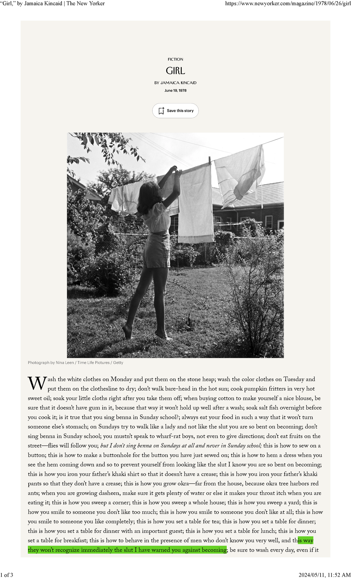 “Girl,” by Jamaica Kincaid The New Yorker - W Fiction Girl By Jamaica ...