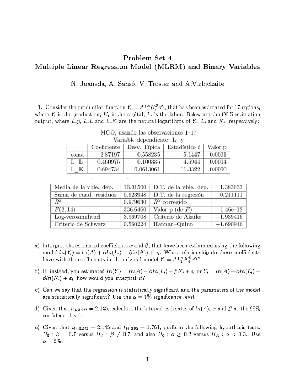 Problem Set 4 - multiple linear regression model - Econometría - Studocu