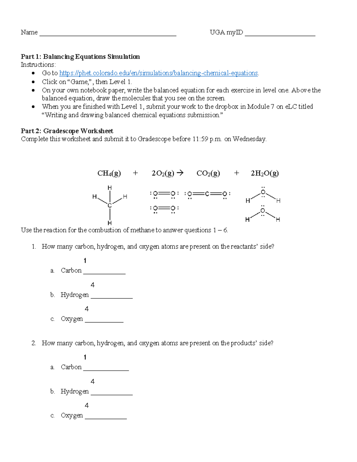 Ch. 6 Balancing Chemical Equations Simulation and Worksheet TTh - Name ...