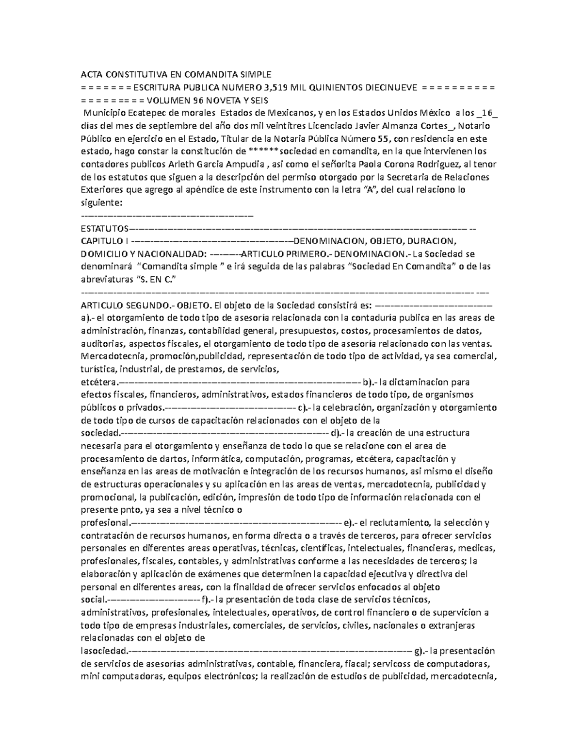 Acta constitutiva de sociedad en comandita simple - ACTA CONSTITUTIVA EN COMANDITA SIMPLE ...
