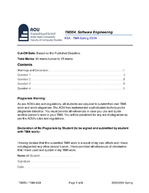 TMA354 Spring 2223 - Software Engineering - TM354: Software Engineering Tutor-Marked Assignment ...