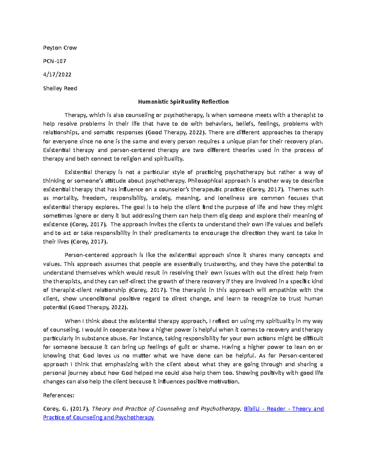 Humanistic spiritual relflection paper - Peyton Crow PCN- 4/17/ Shelley ...