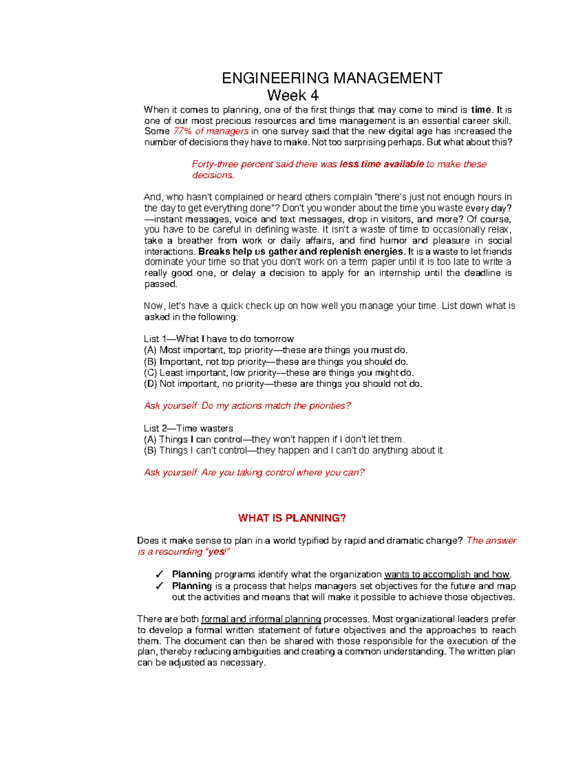 Engineering Management - ENGINEERING MANAGEMENT Week 4 When it comes to ...