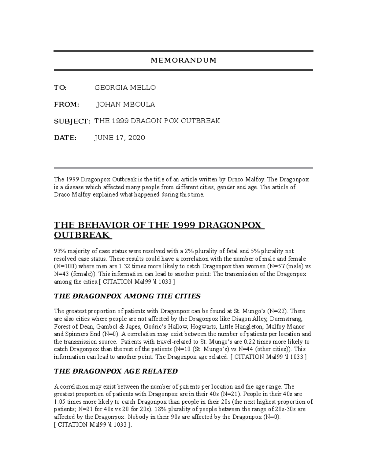 The 1999 Dragonpox outbreak Memo - MEMORANDUM TO: GEORGIA MELLO FROM ...