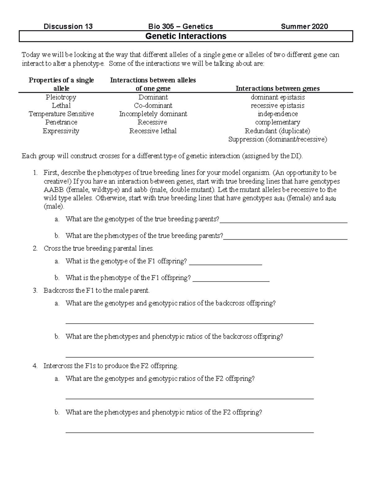 Su20 DS13 Gene Interactions - Discussion 13 Bio 305 – Genetics Summer ...