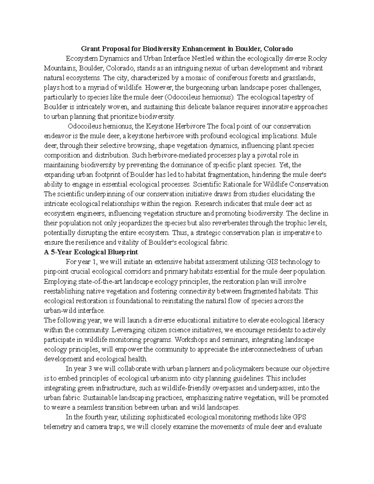 Assignment 3 Ecology - Grant Proposal for Biodiversity Enhancement in ...