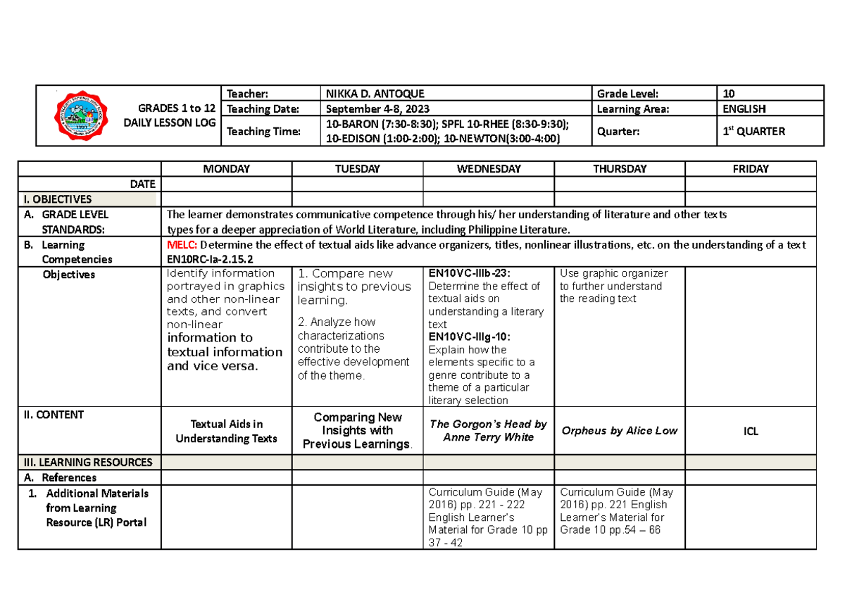 English 10 q1 w2 - GRADES 1 to 12 DAILY LESSON LOG Teacher: NIKKA D ...