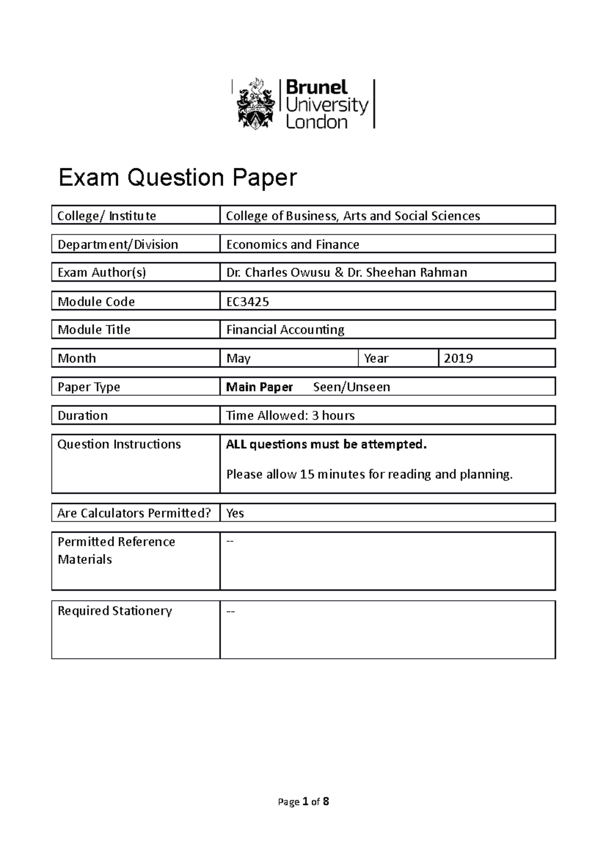 Exam May 2019 - Exam Question Paper College/ Institute College of ...