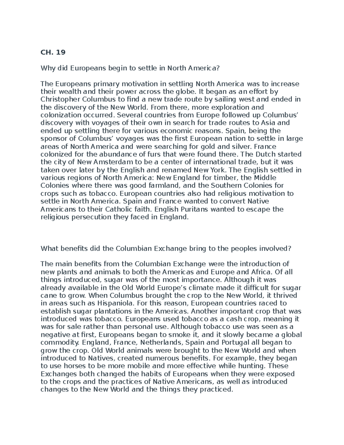 Written assignment block 1 - CH. 19 Why did Europeans begin to settle ...
