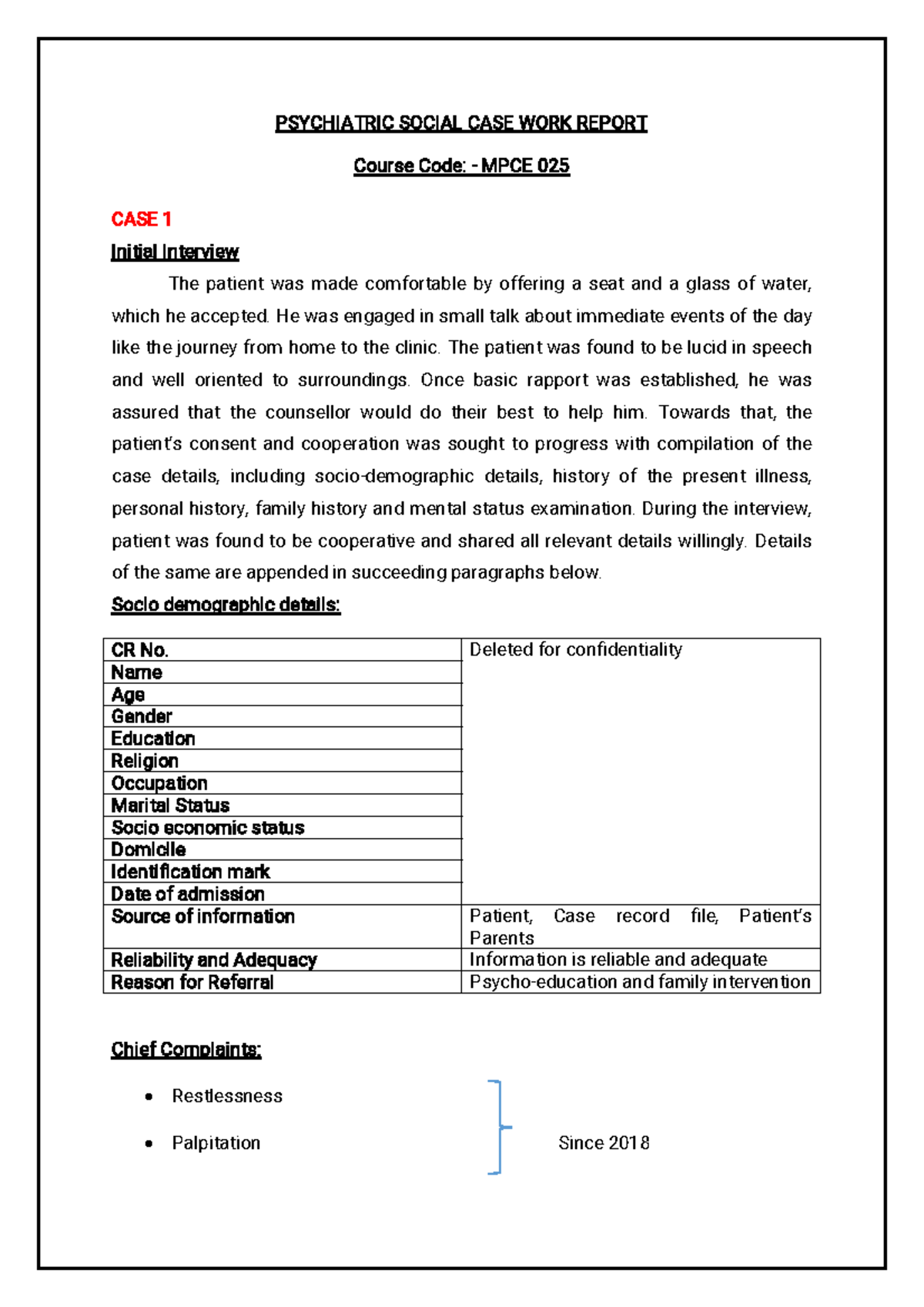 CASE Report Sample - PSYCHIATRIC SOCIAL CASE WORK REPORT Course Code ...