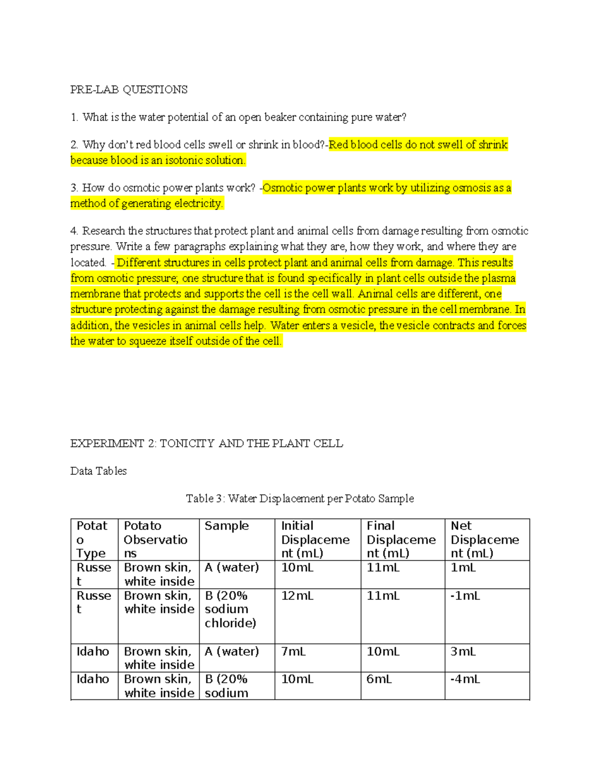 LAB 6 Osmosis - PRE-LAB QUESTIONS What is the water potential of an ...