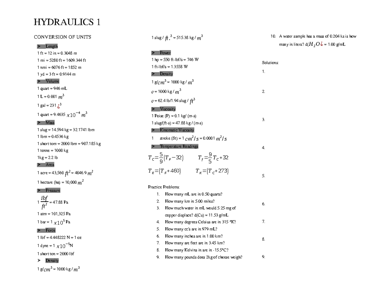 Module 1 Conversion OF Units - Hydraulics - HYDRAULICS 1 CONVERSION OF UNITS Length 1 ft = 12 in ...