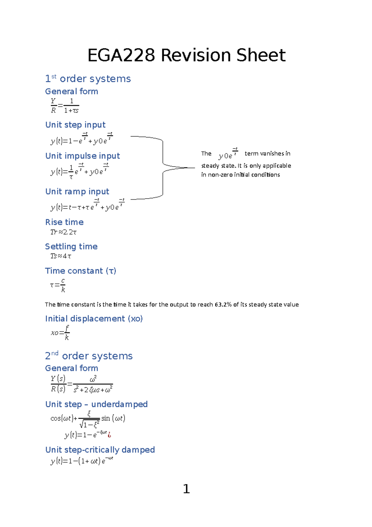 EGA228 Equation Sheet - EGA228 Revision Sheet 1 st order systems ...