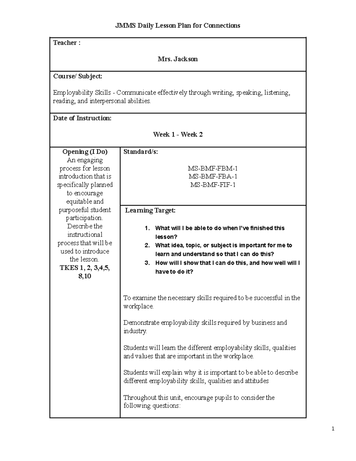 Employability Skills - JMMS Daily Lesson Plan for Connections 5 - JMMS ...
