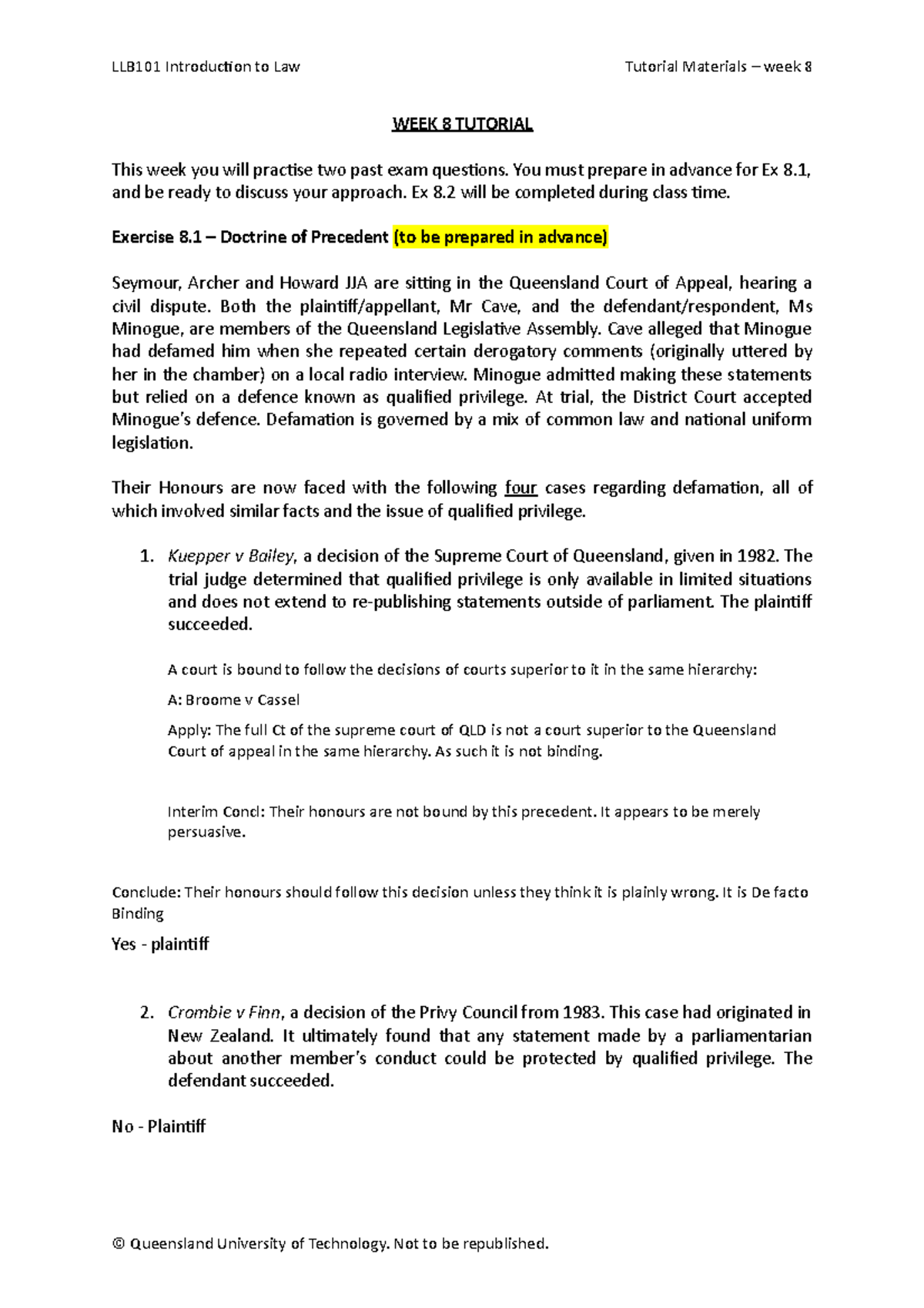 Critical Notes for Intro to Law Exam - WEEK 8 TUTORIAL This week you ...
