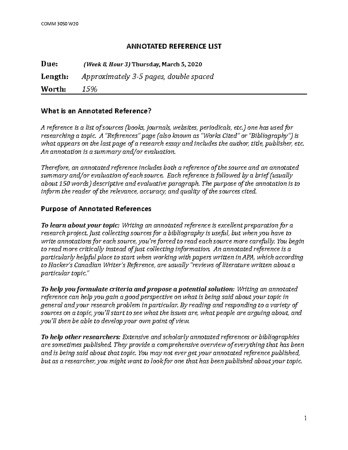 Annotated Reference Assignent - COMM 3050 W ANNOTATED REFERENCE LIST ...