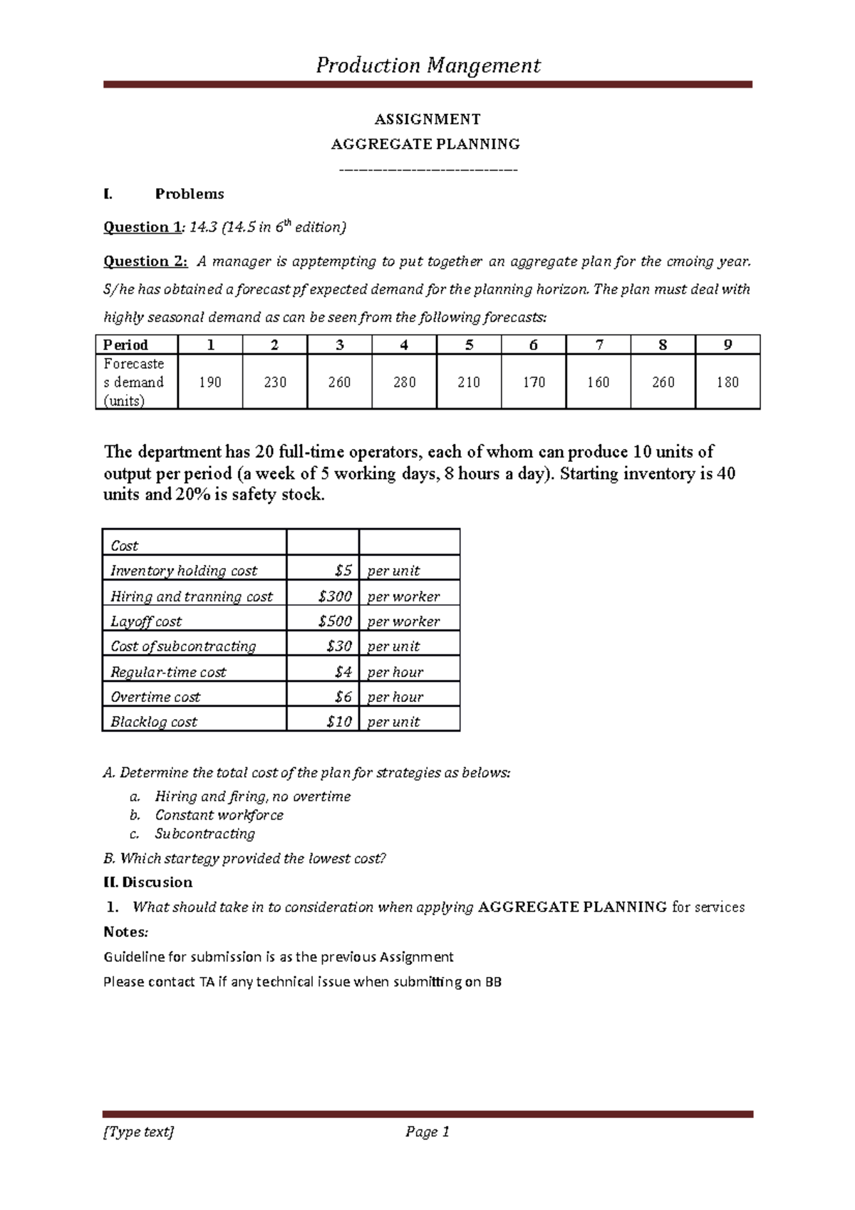 C4 Assignment 3 - Aggregate Planning - Production Mangement ASSIGNMENT AGGREGATE PLANNING - I ...