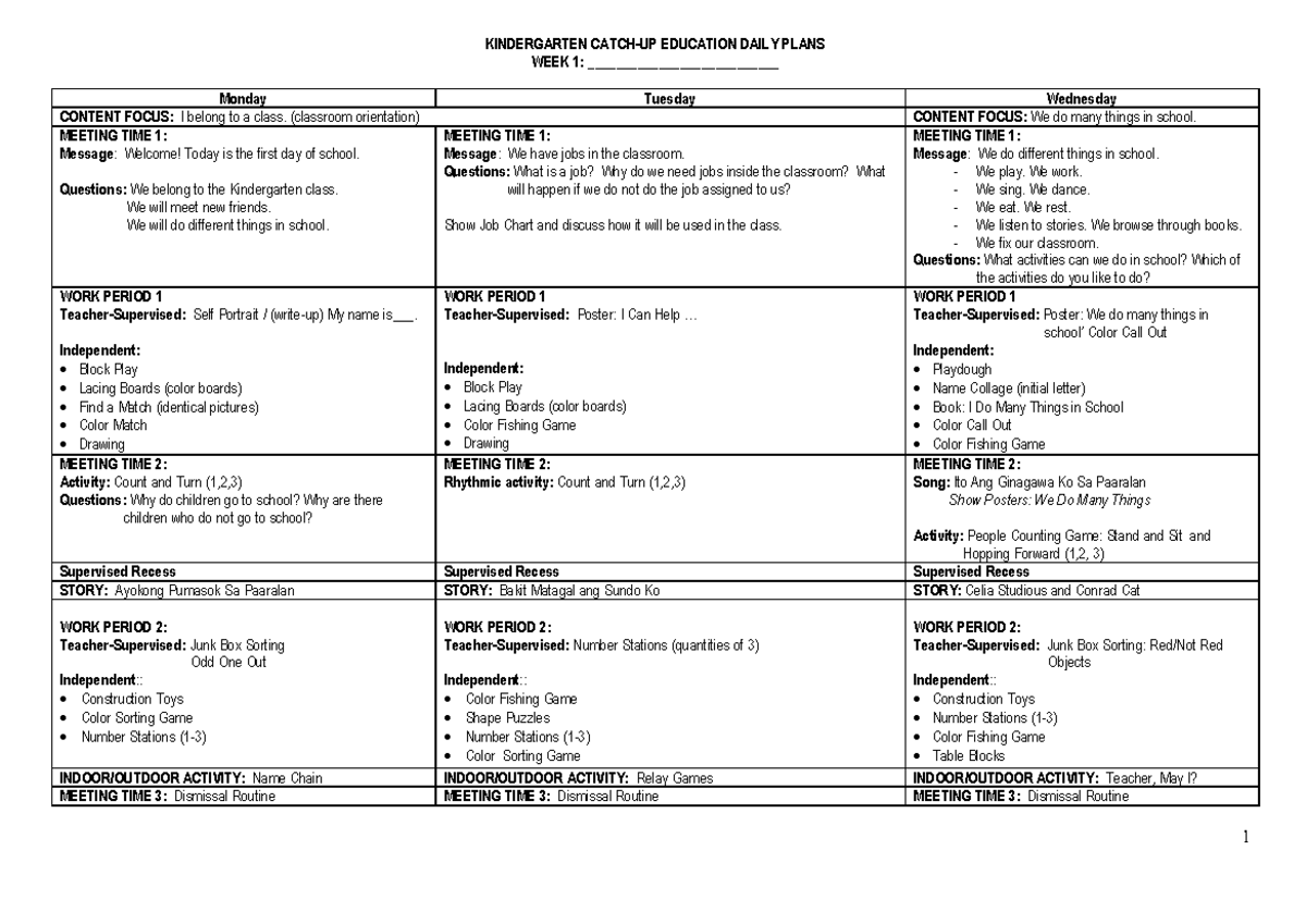 Kindergarten Lesson Plan Week 1 - KINDERGARTEN CATCH-UP EDUCATION DAILY ...