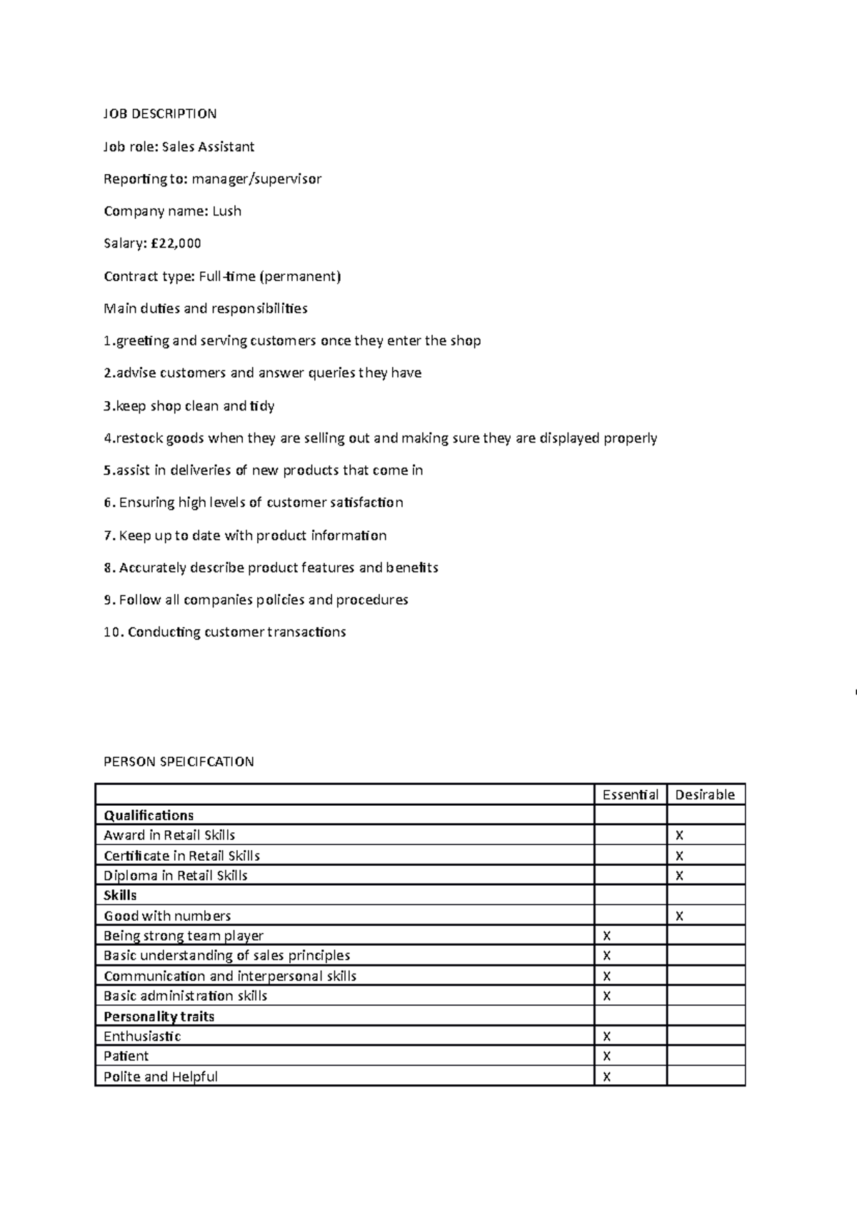 Job application homework - JOB DESCRIPTION Job role: Sales Assistant ...