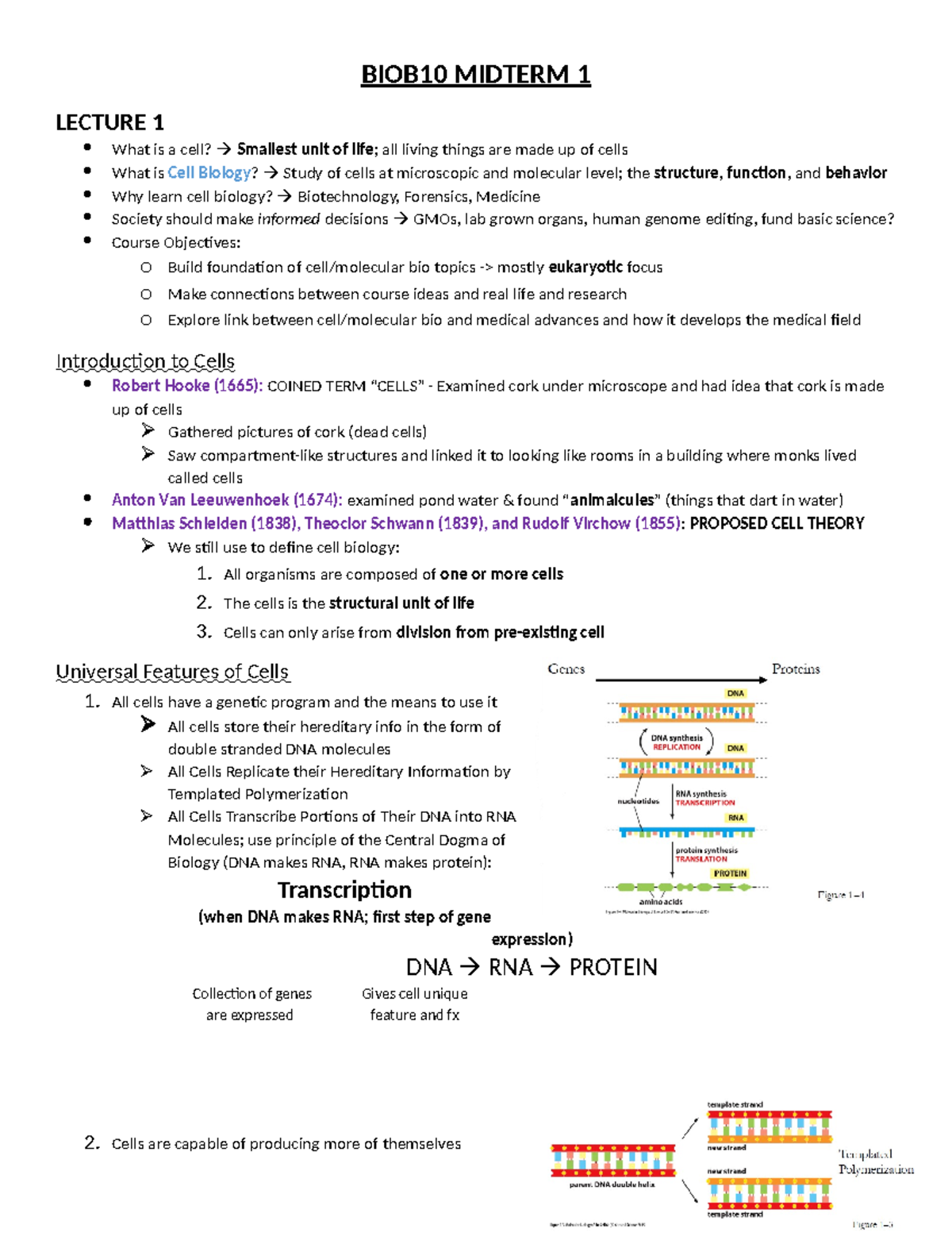 BIOB10 Study Notes - BIOB10 MIDTERM 1 LECTURE 1 What is a cell ...