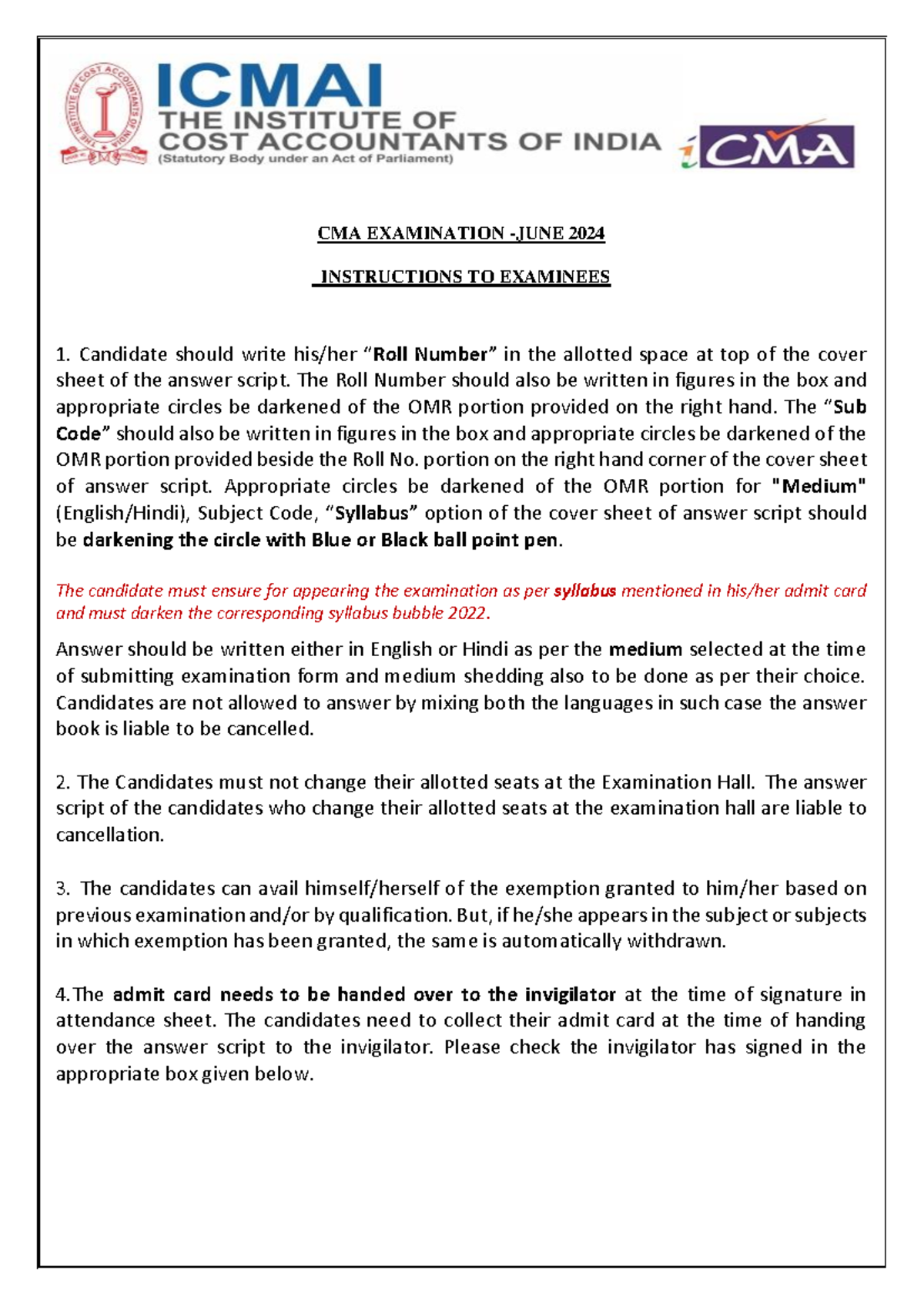 Admit Card Instruction inter final December 2023 new - CMA EXAMINATION ...