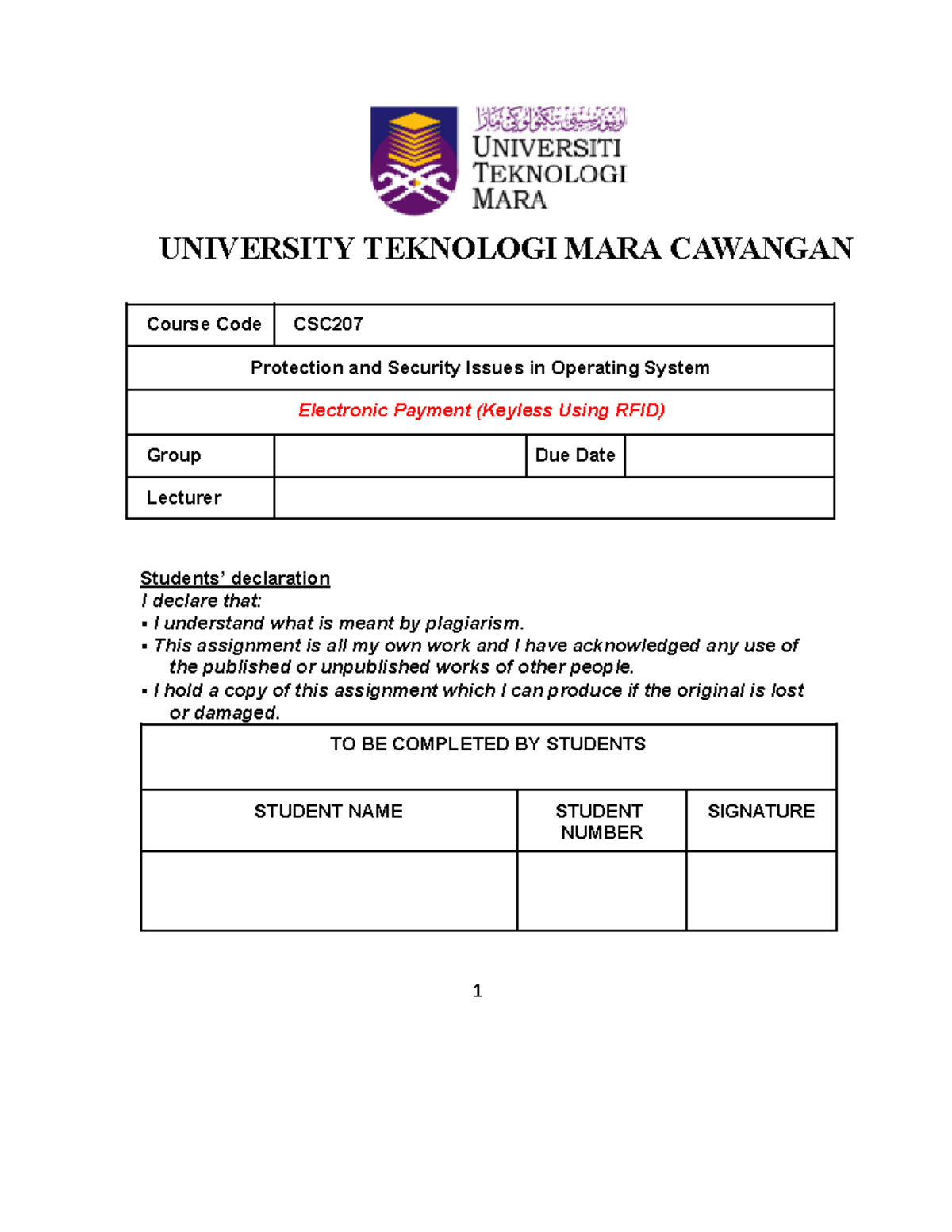CSC207 INDIVIDUAL PROJ - UNIVERSITY TEKNOLOGI MARA CAWANGAN Course Code CSC Protection and ...