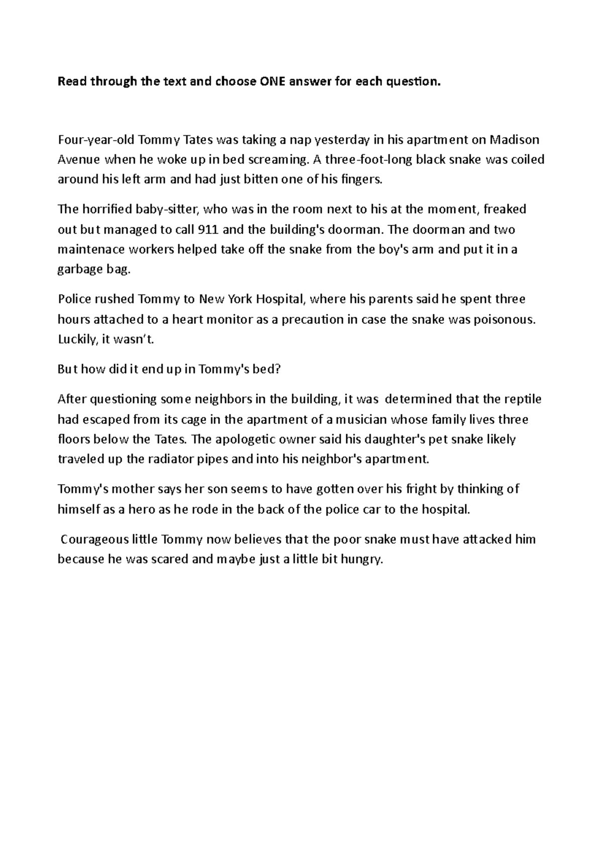 B1 Reading comprehension- Tommy and the Snake - Read through the text ...