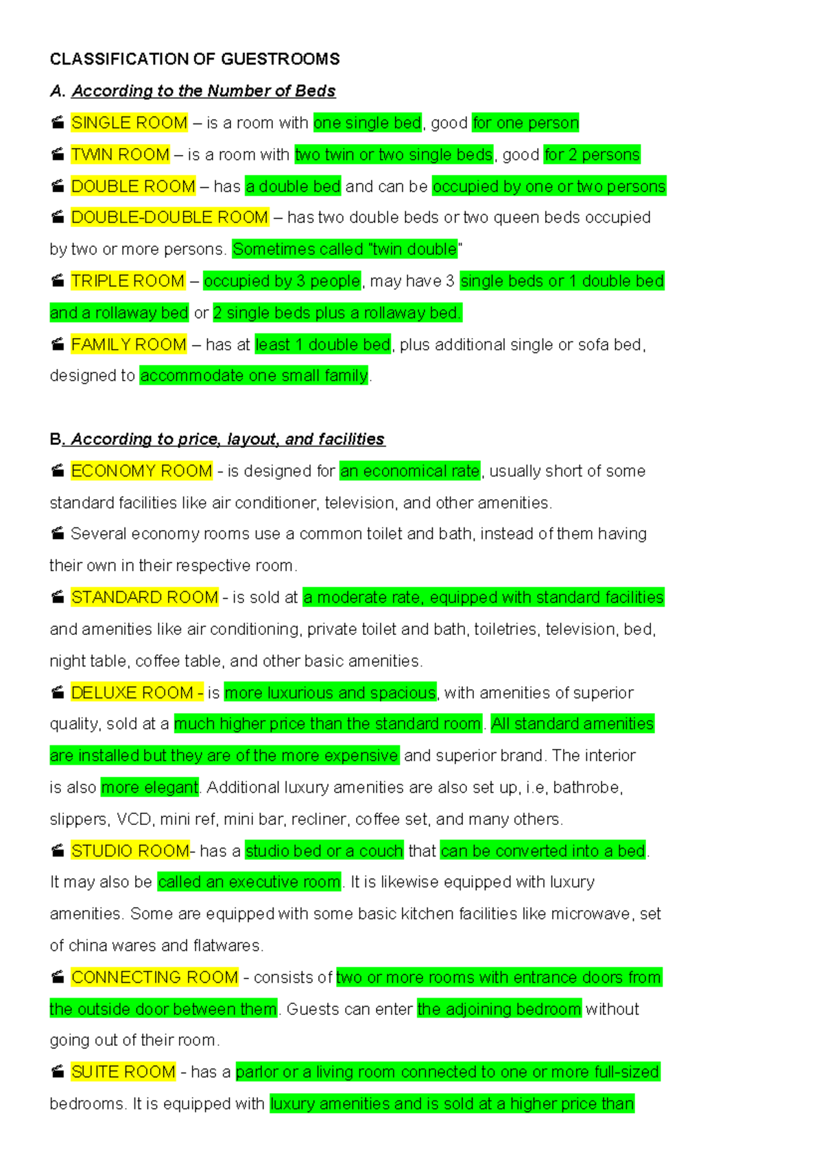 Reviewer in HME - CLASSIFICATION OF GUESTROOMS A. According to the ...