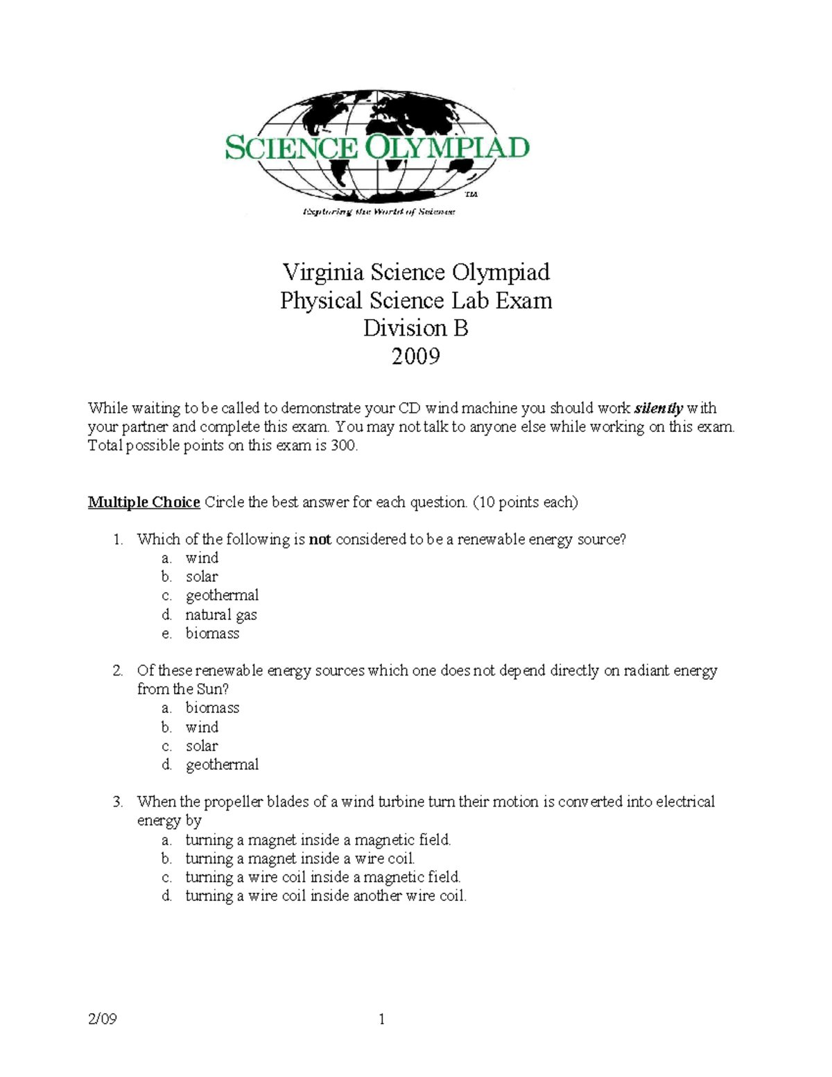 VA B Division VASO Regional Physical Science Lab Exam 2009 - Virginia ...
