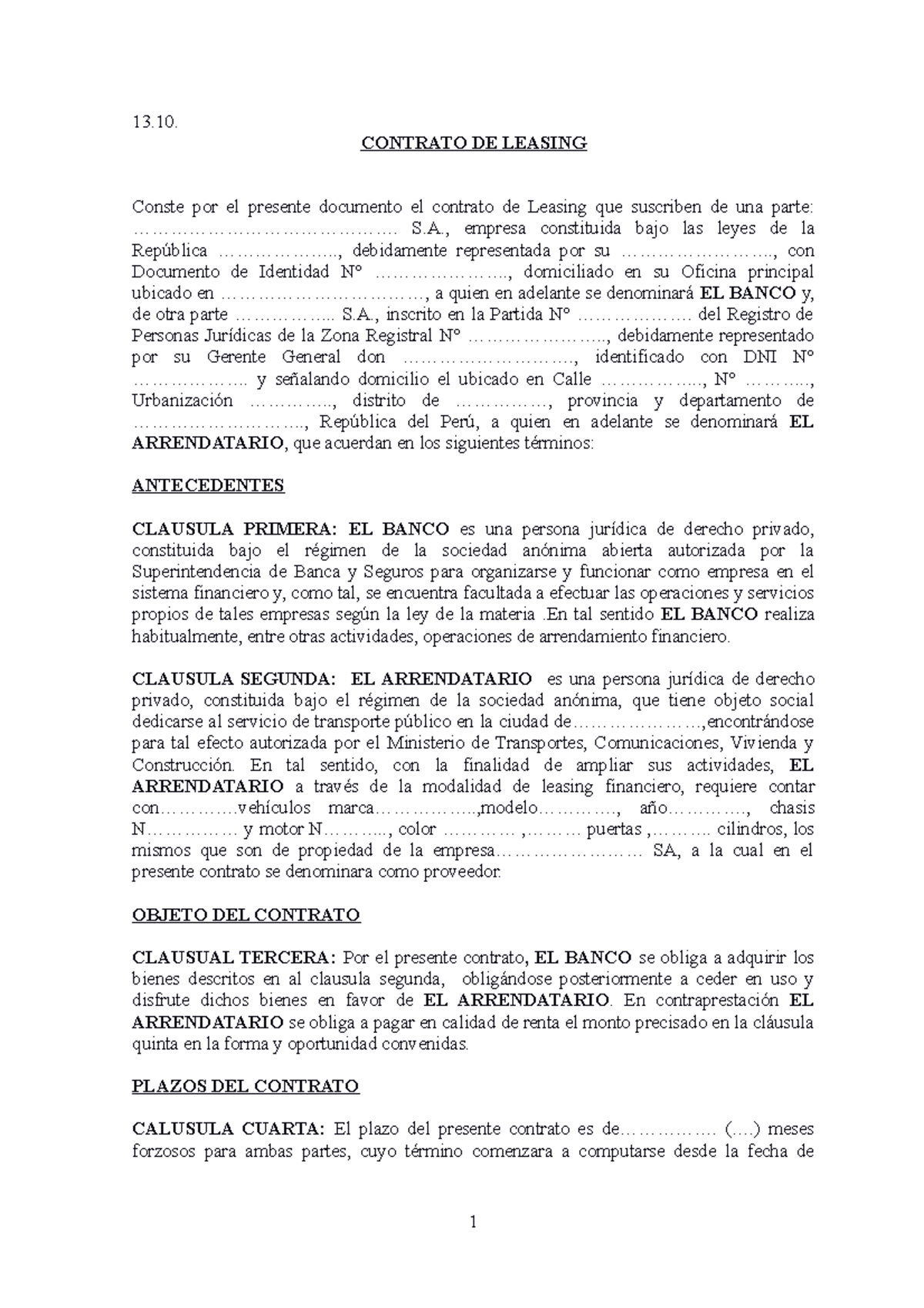 Contrato DE Leasing ( Modelo) - 13. CONTRATO DE LEASING Conste por el ...