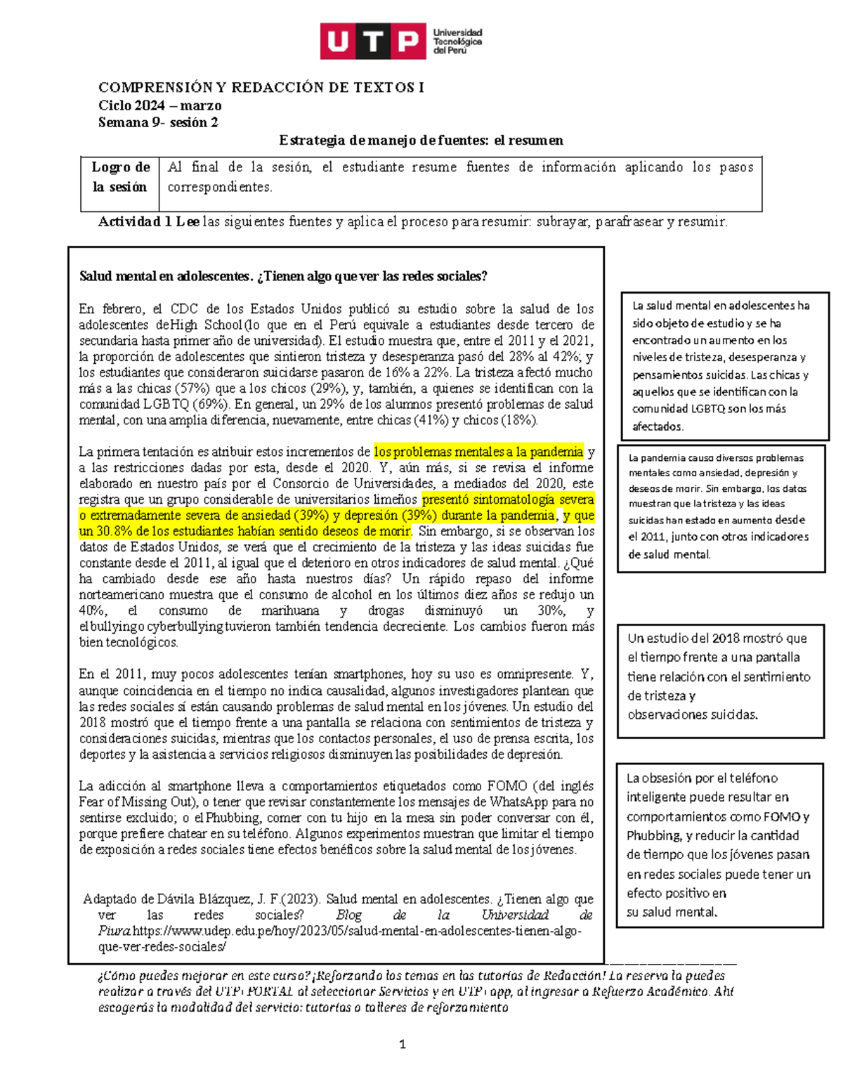 S09 s2+El+resum Euemjq - COMPRENSIÓN Y REDACCIÓN DE TEXTOS I Ciclo 2024 ...
