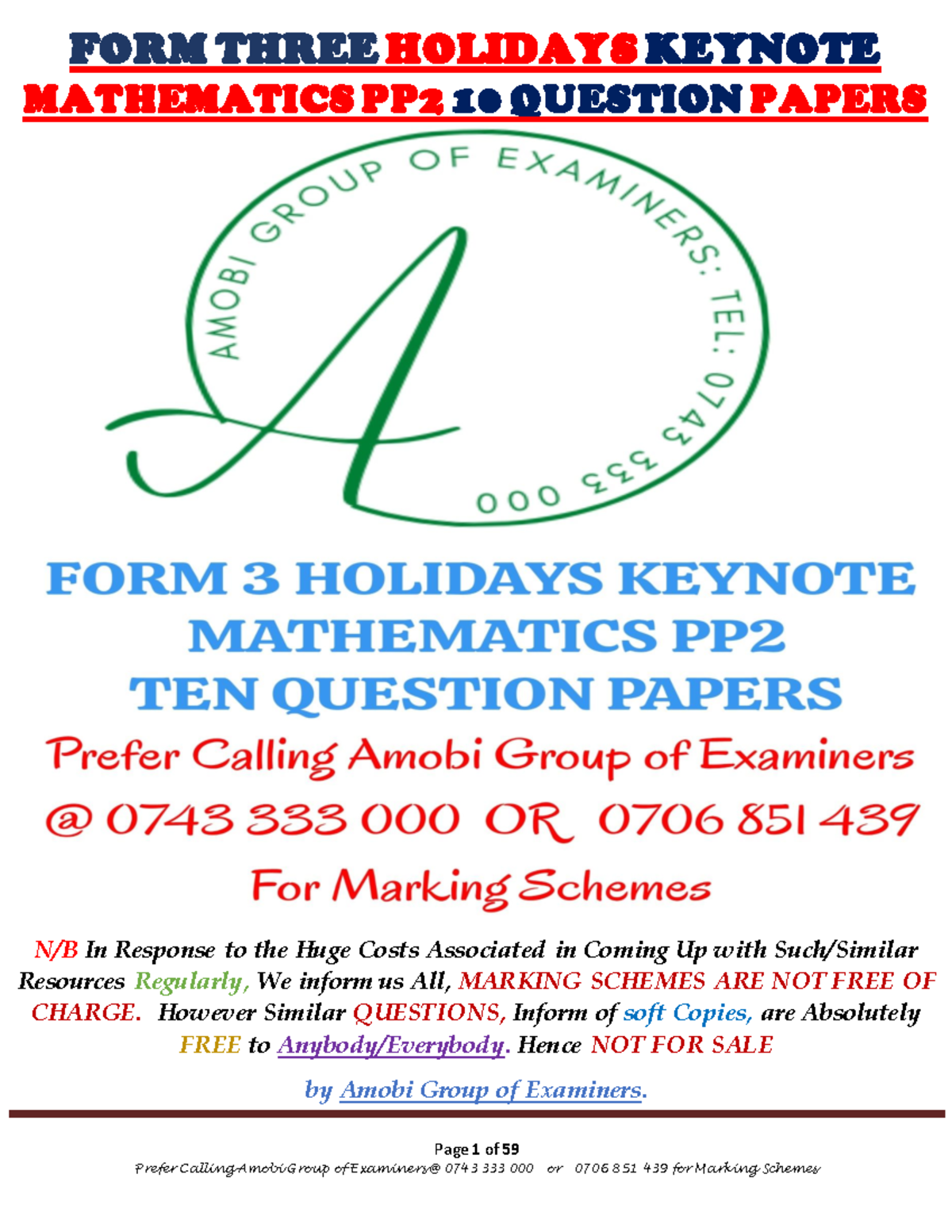 F3 Maths PP2 H-KN 10 QP - Diana - Page 1 of 59 FORM THREE HOLIDAYS ...