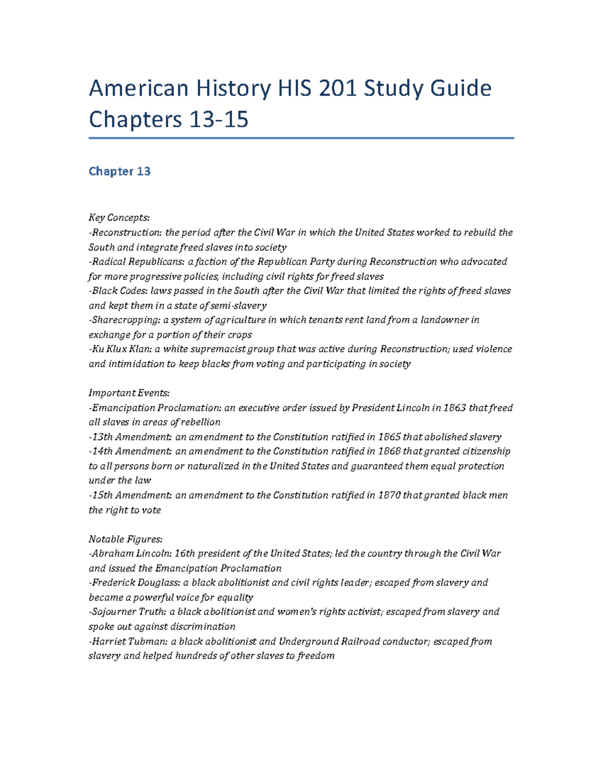 American History HIS 201 Study Guide Chapters 13-15 - American History ...