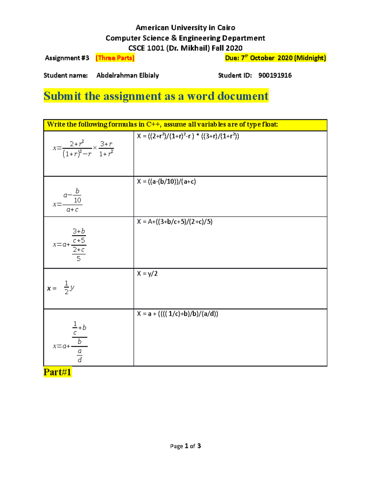 Ass#3 Fall20 - American University in Cairo Computer Science & Engineering Department CSCE 1001 ...