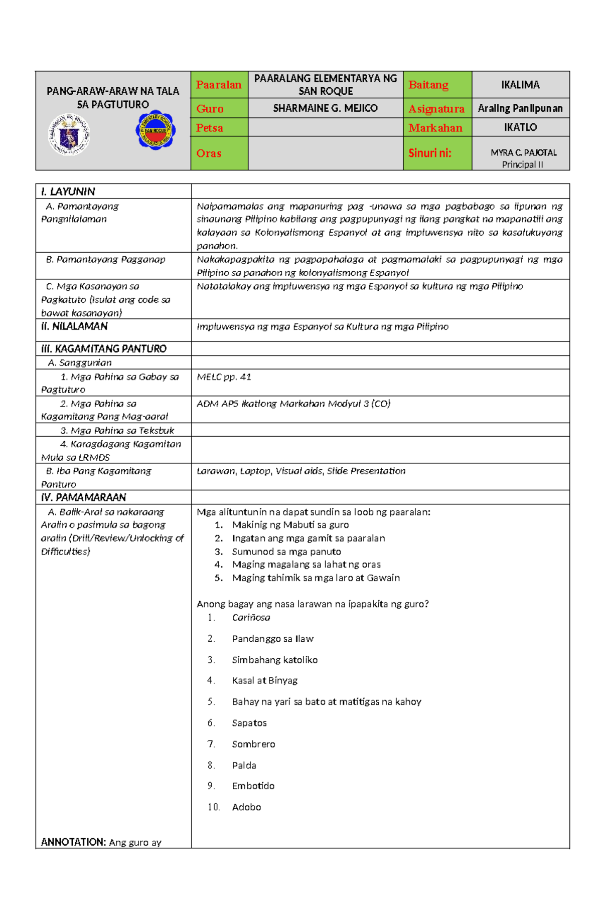 COT DLP Q3 AP5 - LESSON PLAN - PANG-ARAW-ARAW NA TALA SA PAGTUTURO Paaralan PAARALANG ...