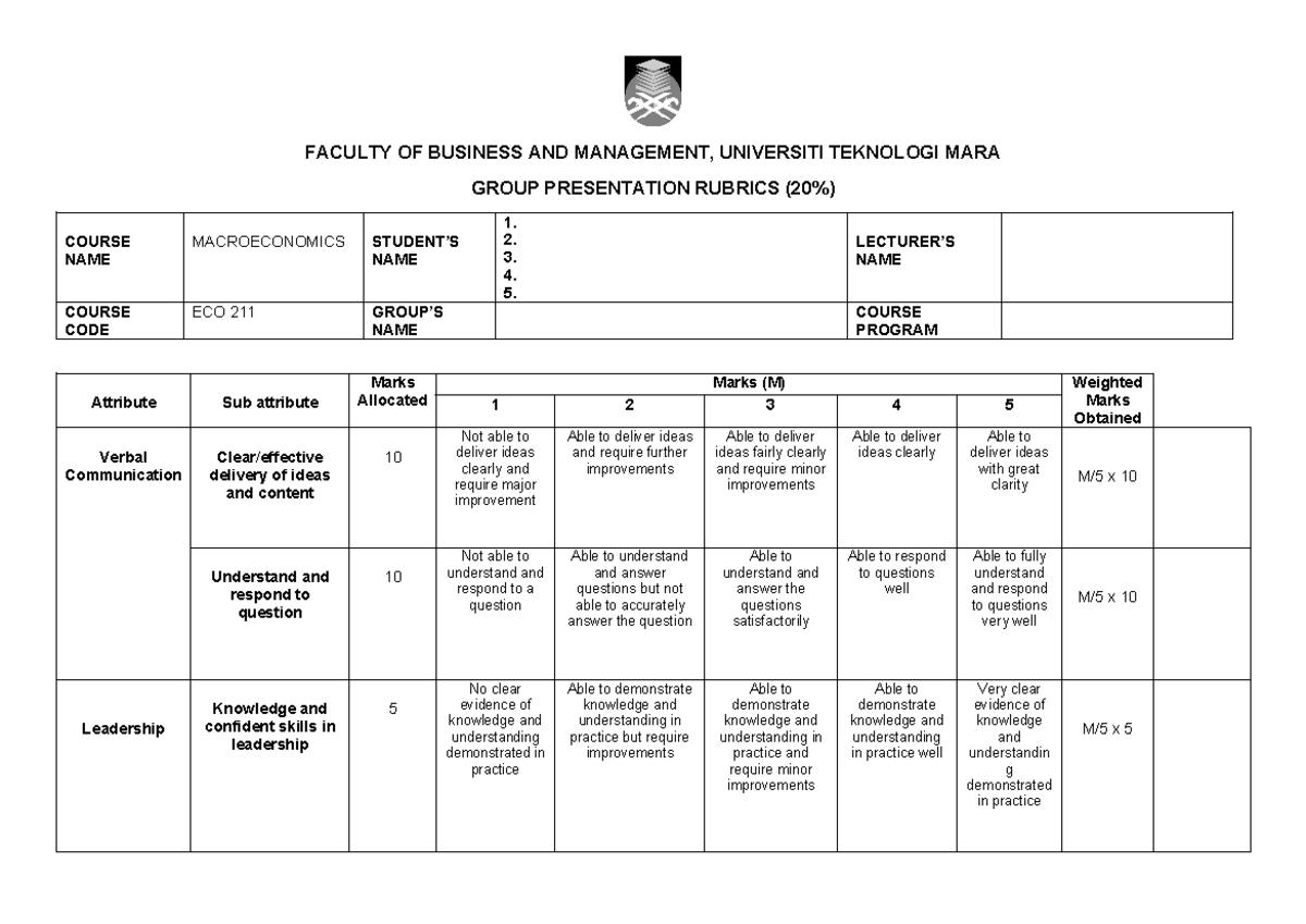 Copy of Rubric Group Presentation ECO 211 OKT 2023 - FACULTY OF ...