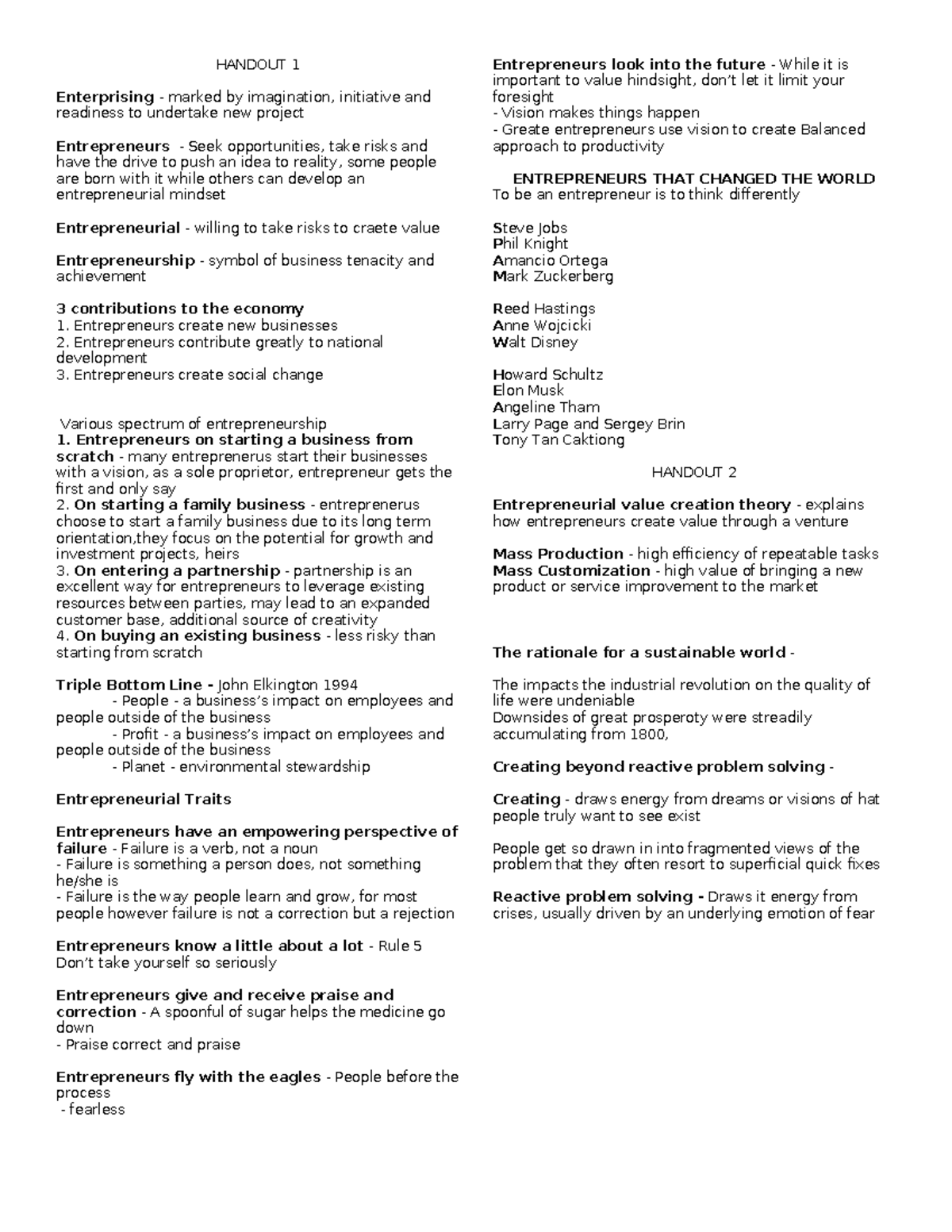 Entrep Reviewer - HANDOUT 1 Enterprising - marked by imagination ...