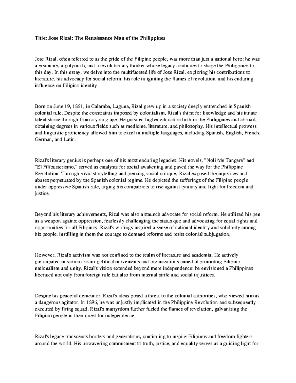 Jose Rizal-The Renaissance Man of the Philippines - Title: Jose Rizal ...